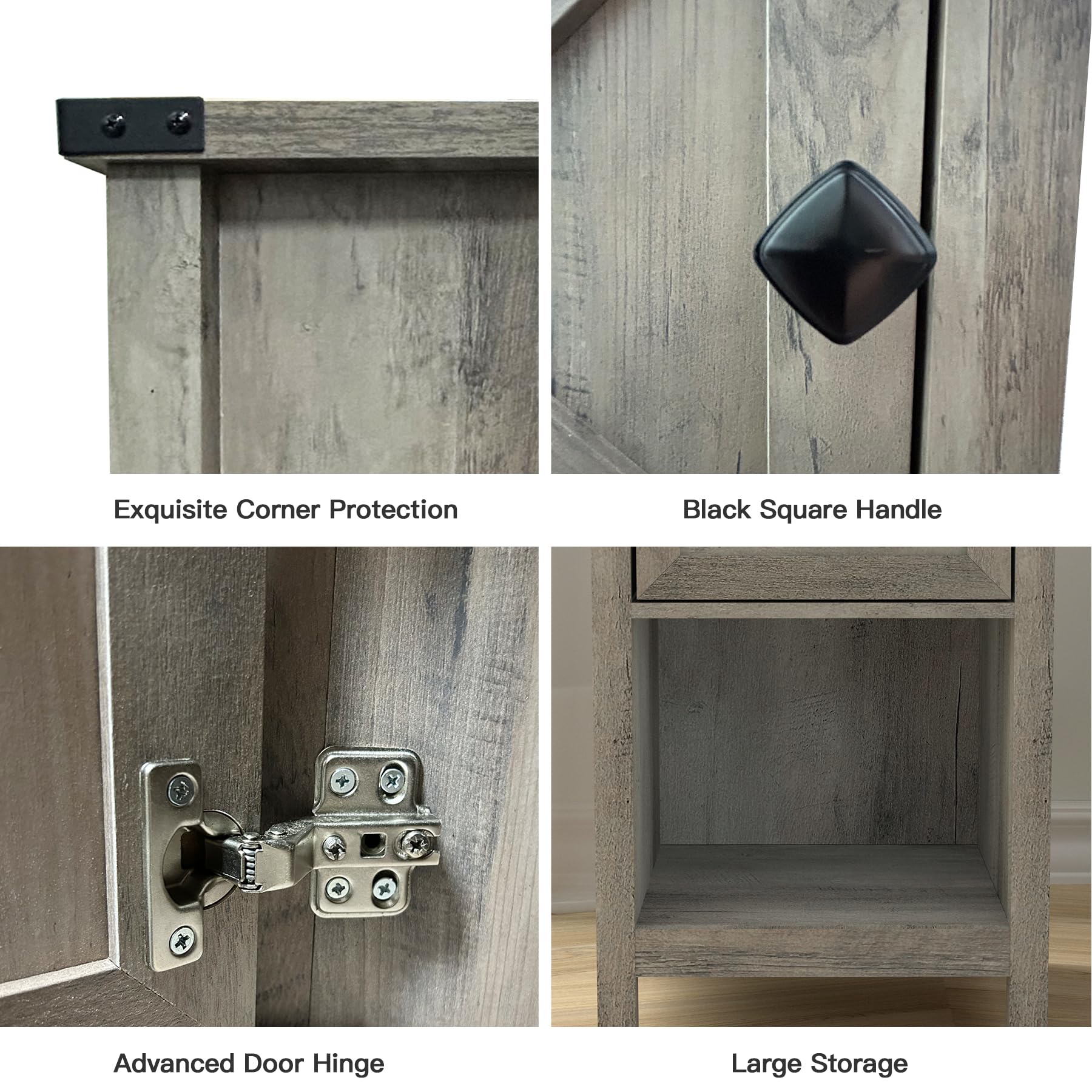 Rustic Nightstand with Charging Station, Night Stand with Barn Door and Drawer, Storage Bedroom Living Room Bedside Table Farmhouse End Table Industrial Bedside Table with USB Ports and Outlets，Grey