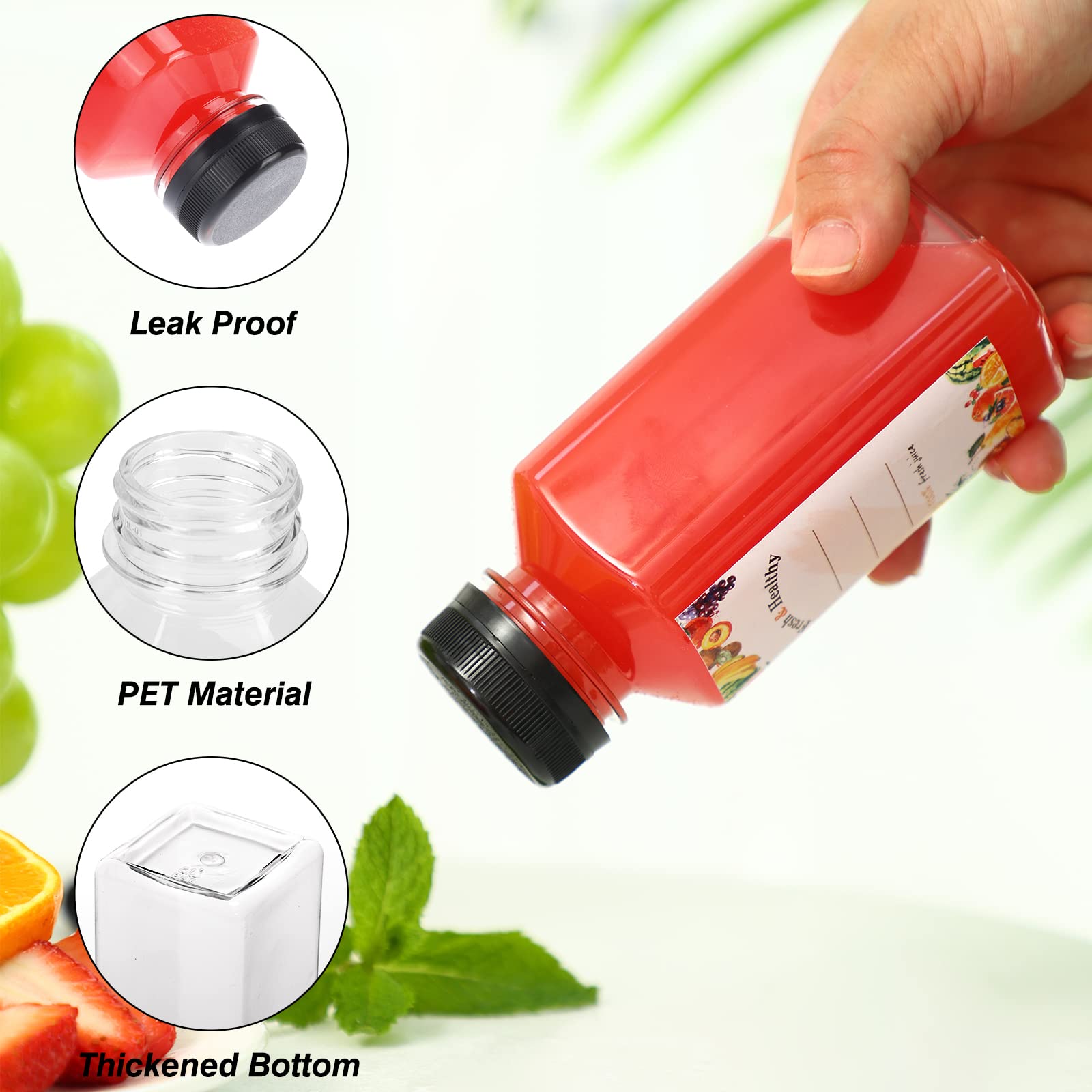 Moretoes 16pcs 8oz Plastic Juice Bottles with Caps, Reusable Juicing Bottles for Juice Milk Smoothie and Other Beverages