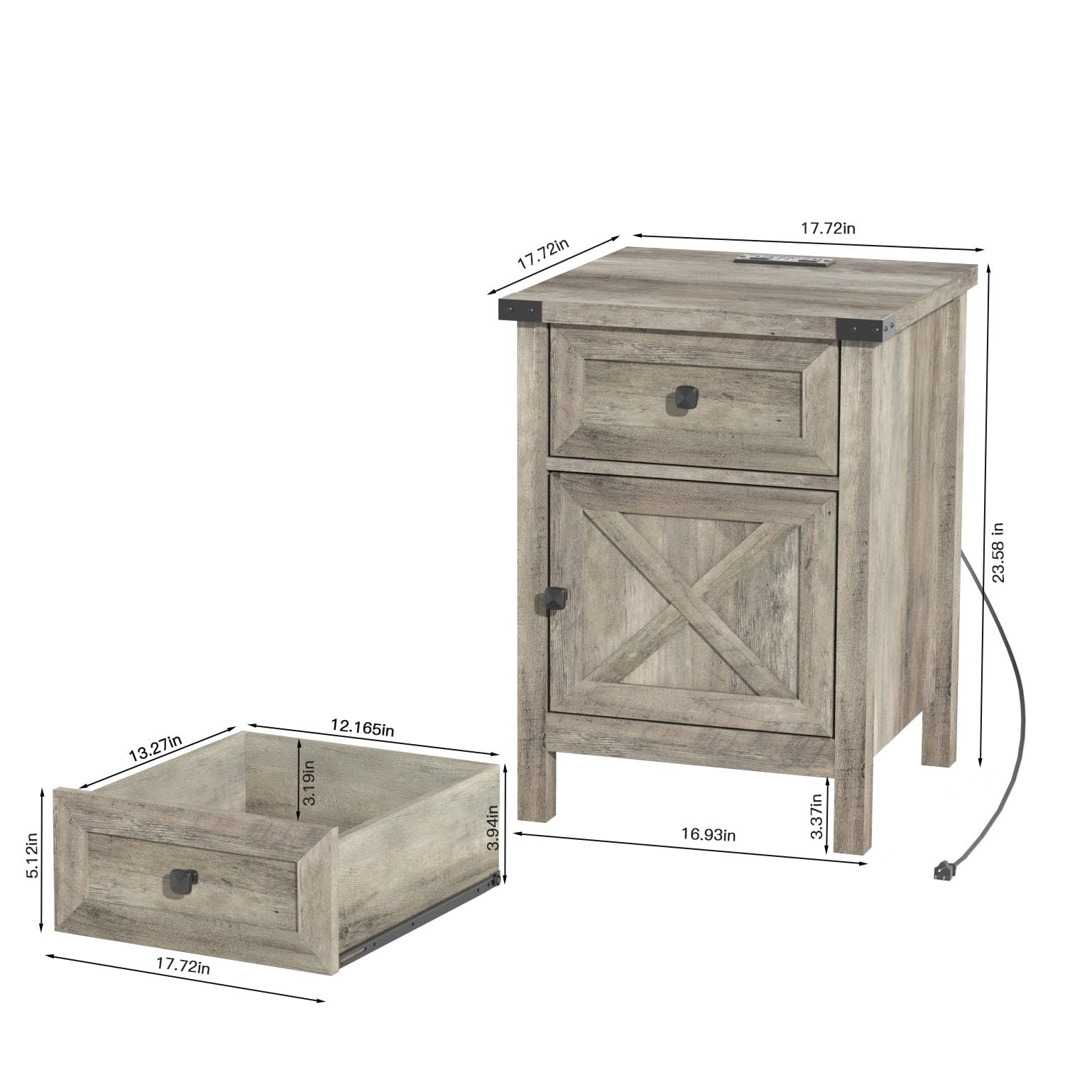 Rustic Nightstand with Charging Station, Night Stand with Barn Door and Drawer, Storage Bedroom Living Room Bedside Table Farmhouse End Table Industrial Bedside Table with USB Ports and Outlets，Grey