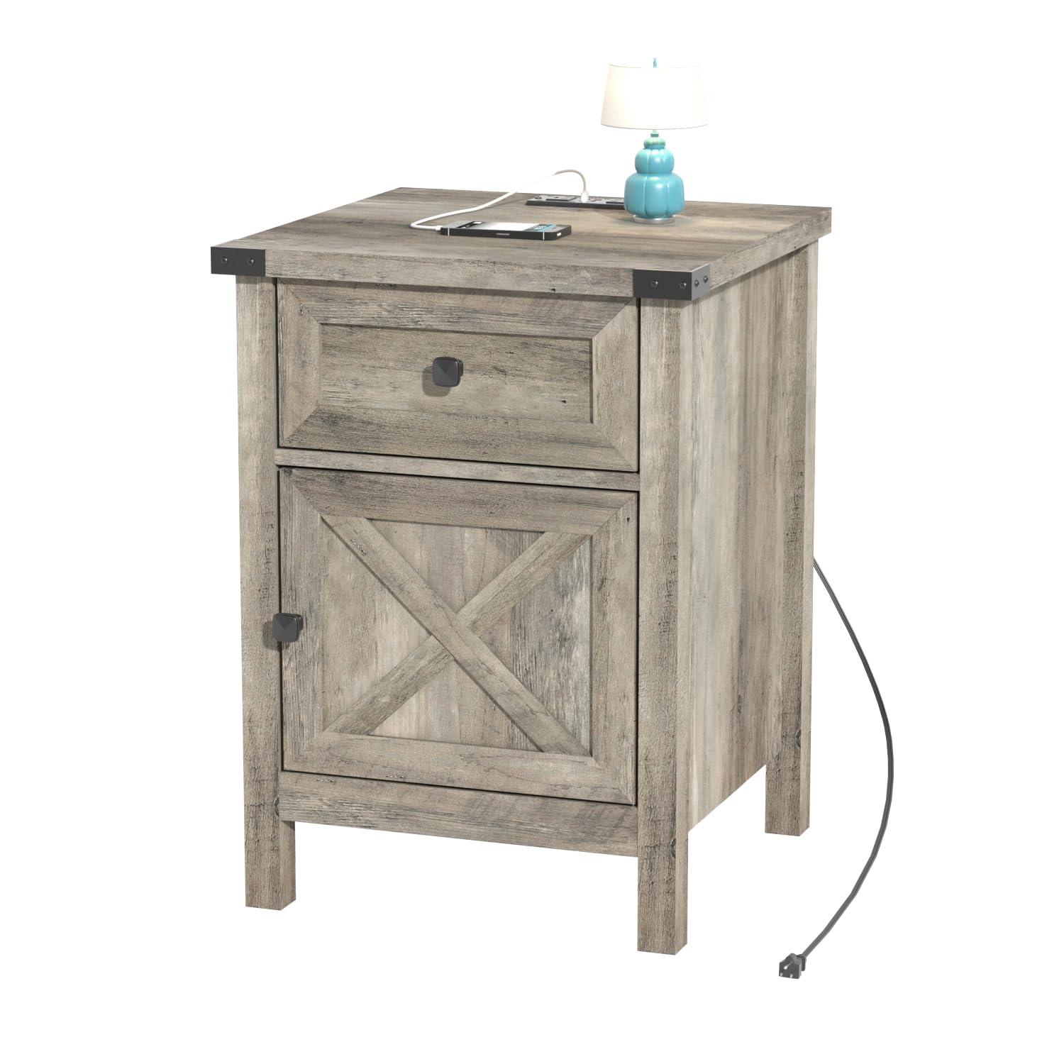 Rustic Nightstand with Charging Station, Night Stand with Barn Door and Drawer, Storage Bedroom Living Room Bedside Table Farmhouse End Table Industrial Bedside Table with USB Ports and Outlets，Grey