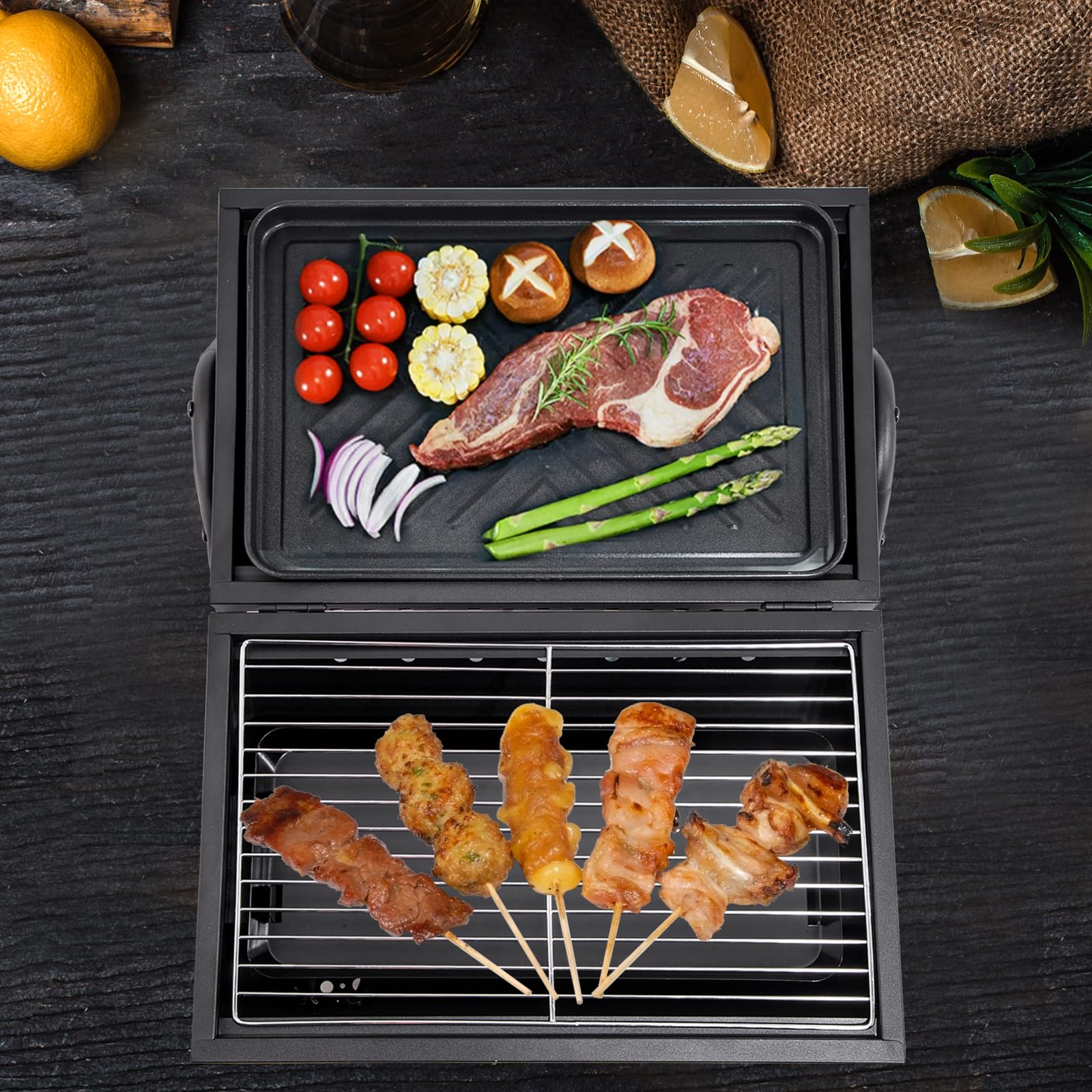 Supernal Portable Charcoal Grill,Tabletop Charcoal Grill,BBQ Grill for Outdoor Cooking Camping,Picnics,Backyard,Balcony-Black,2 Carbon Tank,2 Baking Net,1 Baking Pan
