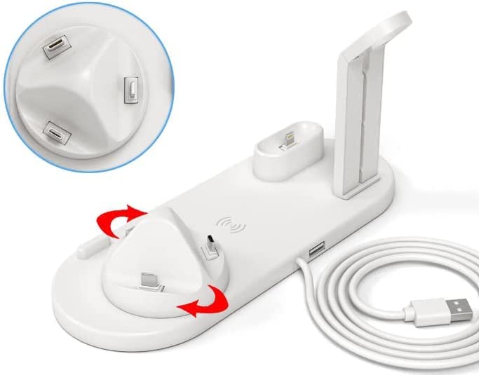 Multi-Port Fast Wireless Charging Station | Universal Contactless Charging Docks | Compatible with Smart Devices, Watch, AirPods Pro, iPhone 14/13/12/11 Pro Max/X/XS/XR 8/Plus (6-in-1 White)