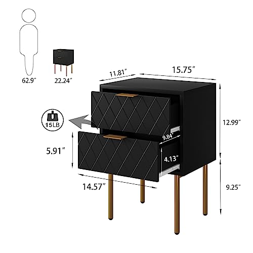 Aobafuir Night Stand, Modern Nightstand with Drawers, End Tables Living Room, Small Gold Side Table for Bedroom, Bedside Furniture (12-Black Diamond, 2 Drawer)
