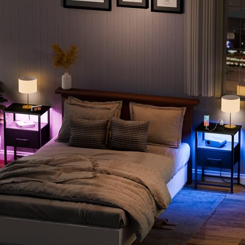 LAKEMID Nightstands Set of 2 with Charging Station and Drawer, End Table Bedside Table with 20 Colors LED Light Strip and 2 Layers Shelf for Bedroom Living Room Sofa Couch (Black)
