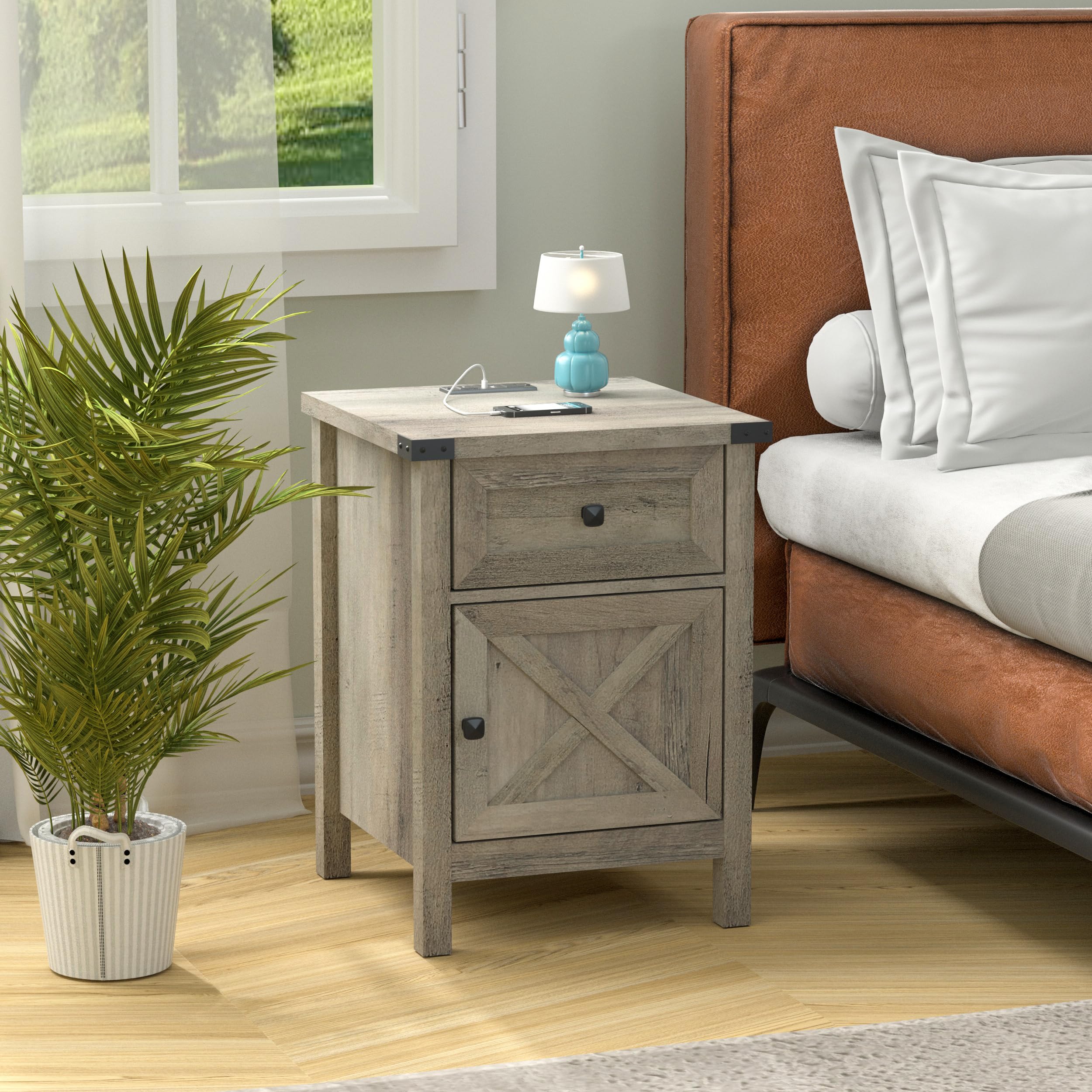 Rustic Nightstand with Charging Station, Night Stand with Barn Door and Drawer, Storage Bedroom Living Room Bedside Table Farmhouse End Table Industrial Bedside Table with USB Ports and Outlets，Grey