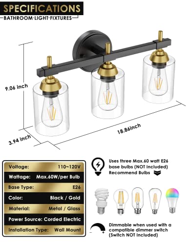 AXHODSME 3-Light Bathroom Light Fixtures, Black and Gold Bathroom Lights Over Mirror, Modern Bathroom Vanity Light with Clear Glass Shade, Wall Sconces for Bedroom Living Room, Bulbs Not Included
