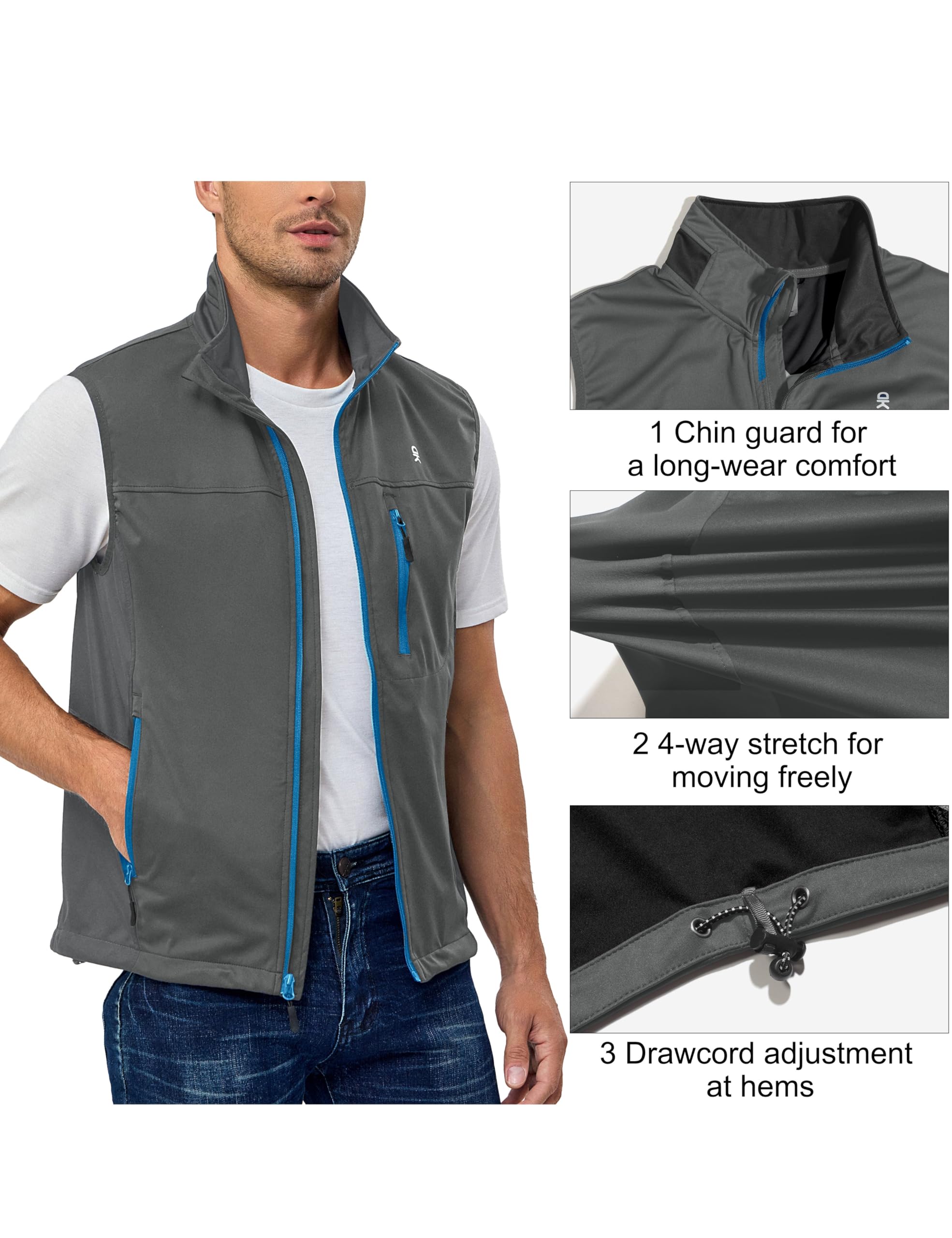 Little Donkey Andy Men's Softshell Vest, Lightweight Golf Vest Windproof Sleeveless Cycling Jacket for Running, Hiking (Pure Grey M)