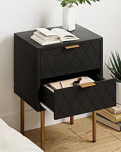 Aobafuir Night Stand, Modern Nightstand with Drawers, End Tables Living Room, Small Gold Side Table for Bedroom, Bedside Furniture (12-Black Diamond, 2 Drawer)