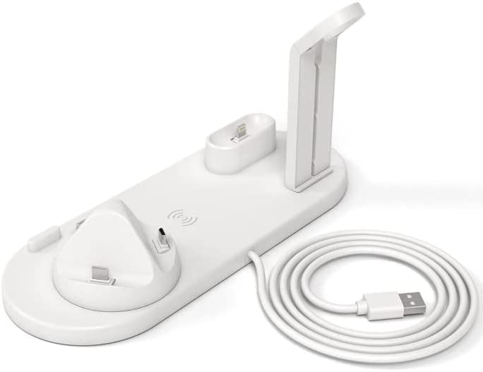 Multi-Port Fast Wireless Charging Station | Universal Contactless Charging Docks | Compatible with Smart Devices, Watch, AirPods Pro, iPhone 14/13/12/11 Pro Max/X/XS/XR 8/Plus (6-in-1 White)