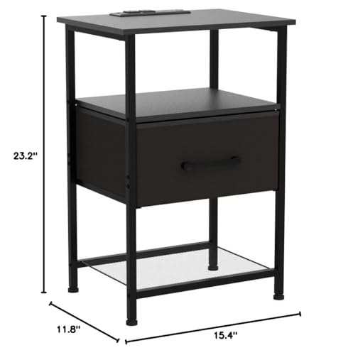 LAKEMID Nightstands Set of 2 with Charging Station and Drawer, End Table Bedside Table with 20 Colors LED Light Strip and 2 Layers Shelf for Bedroom Living Room Sofa Couch (Black)