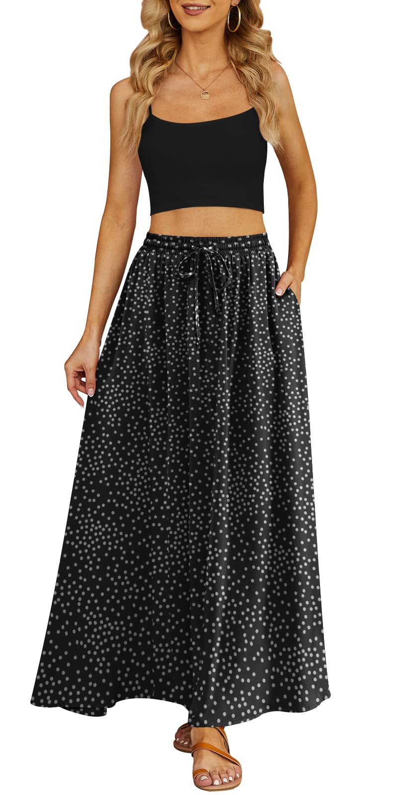 Yincro Women's Flowy Maxi Skirt Summer Pleated High Waisted Casual Long Skirts with Pockets (White Polka Dot Black, L)