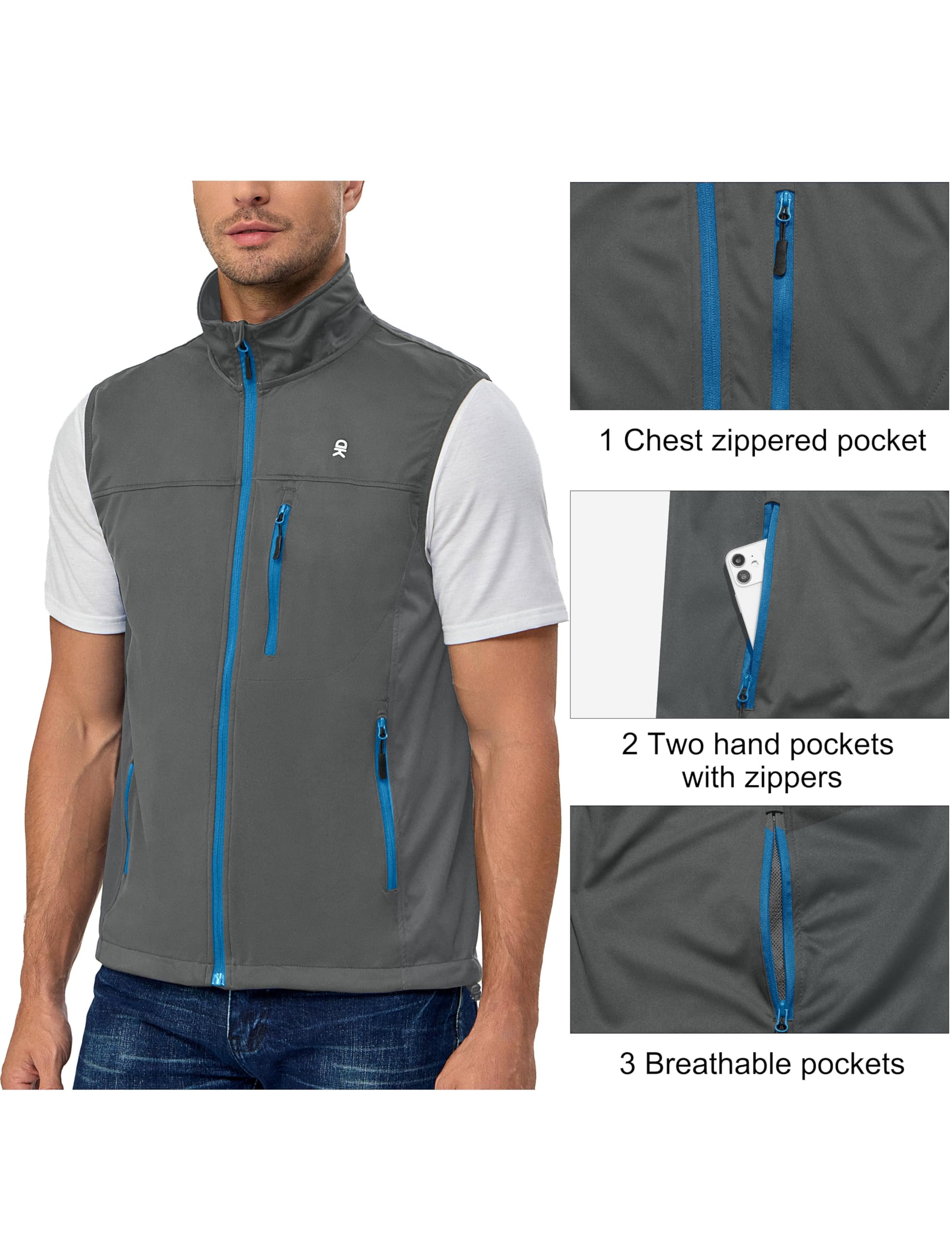 Little Donkey Andy Men's Softshell Vest, Lightweight Golf Vest Windproof Sleeveless Cycling Jacket for Running, Hiking (Pure Grey M)