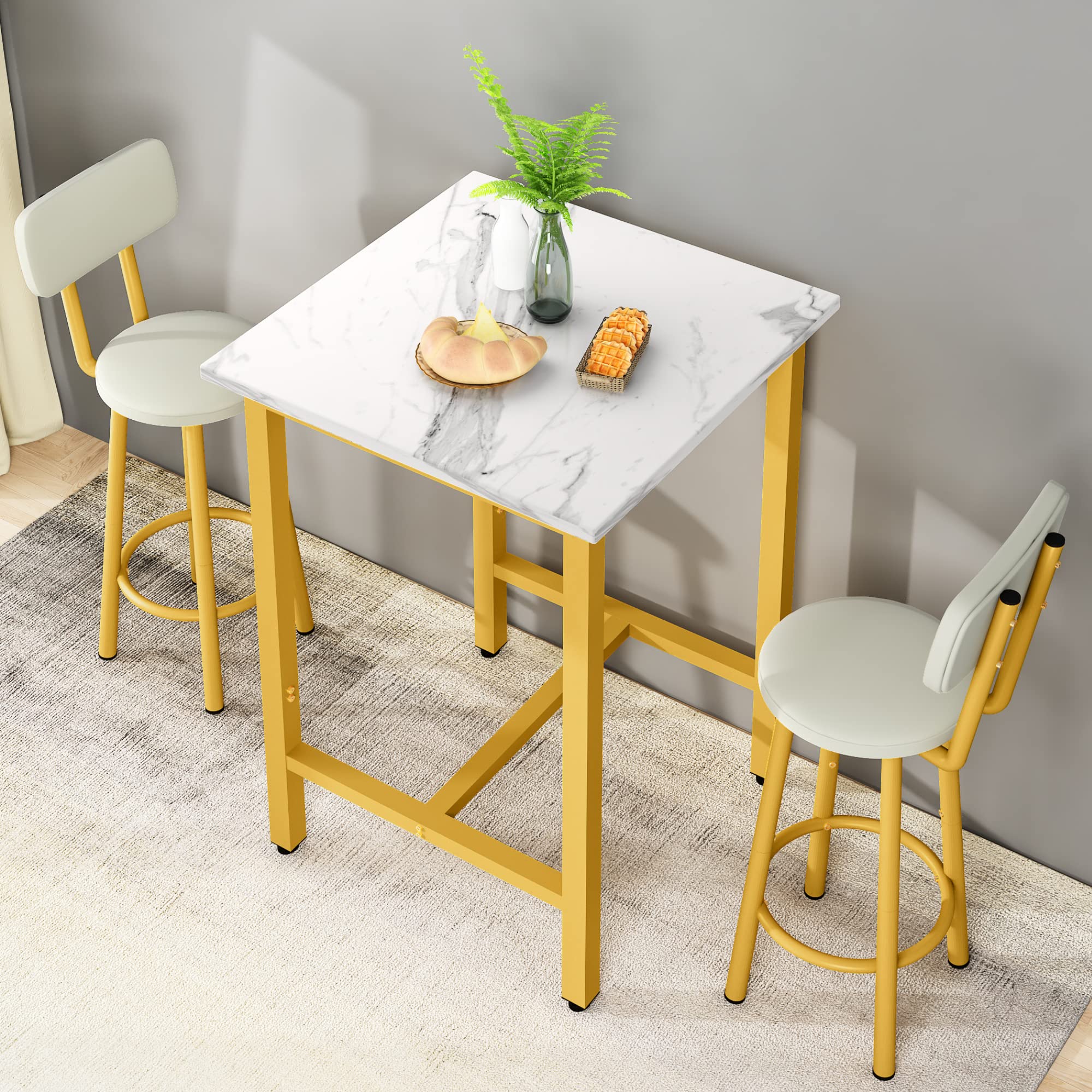 Lamerge 3 Pieces Bistro Dining Set for 2 Kitchen Square Breakfast Table Set Bar Table Space Saving Faux Marble Top and Upholstered Chairs Set for Apartment Dining Room with Gold Metal Frame