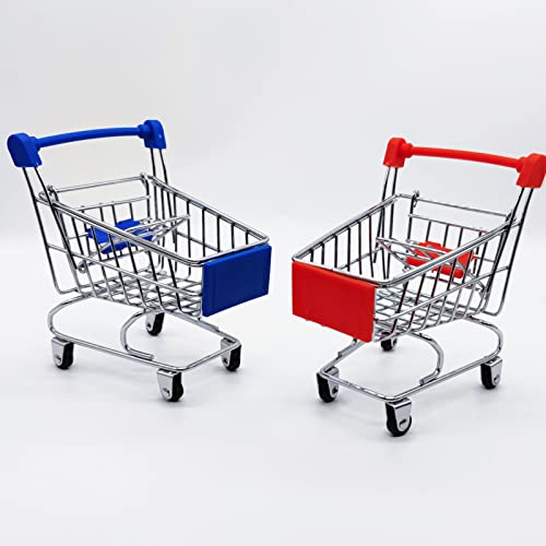 2 Pcs Mini Shopping Cart Supermarket Handcart Shopping Utility Cart Mode Storage Toy, Blue and Red