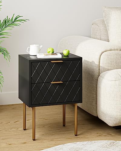 Aobafuir Night Stand, Modern Nightstand with Drawers, End Tables Living Room, Small Gold Side Table for Bedroom, Bedside Furniture (12-Black Diamond, 2 Drawer)