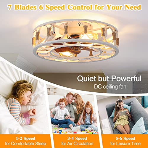 BUXVRCS 19.68'' Flush Mount Caged Ceiling Fan with Lights, Farmhouse Rustic Low Profile Ceiling Fans, 4-Light Vintage Enclosed Ceiling Fan Lighting Fixture Remote Control (Including 5 Bulbs) (White)