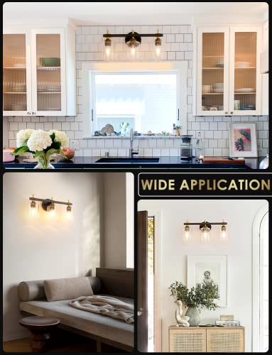 AXHODSME 3-Light Bathroom Light Fixtures, Black and Gold Bathroom Lights Over Mirror, Modern Bathroom Vanity Light with Clear Glass Shade, Wall Sconces for Bedroom Living Room, Bulbs Not Included