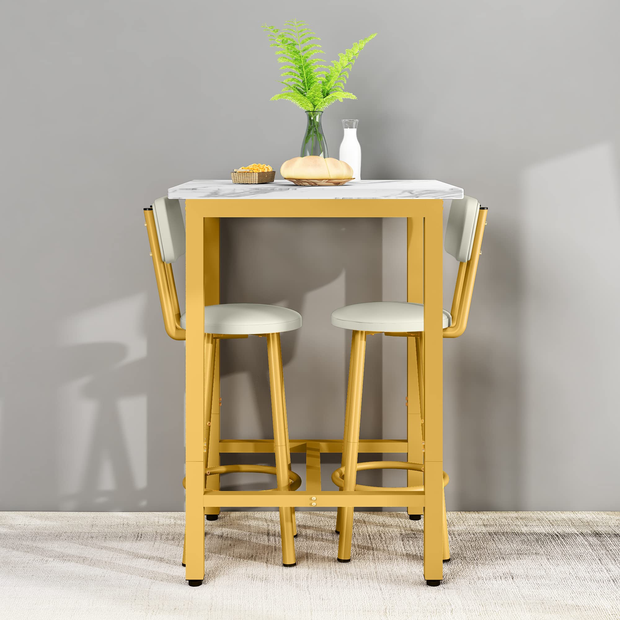 Lamerge 3 Pieces Bistro Dining Set for 2 Kitchen Square Breakfast Table Set Bar Table Space Saving Faux Marble Top and Upholstered Chairs Set for Apartment Dining Room with Gold Metal Frame