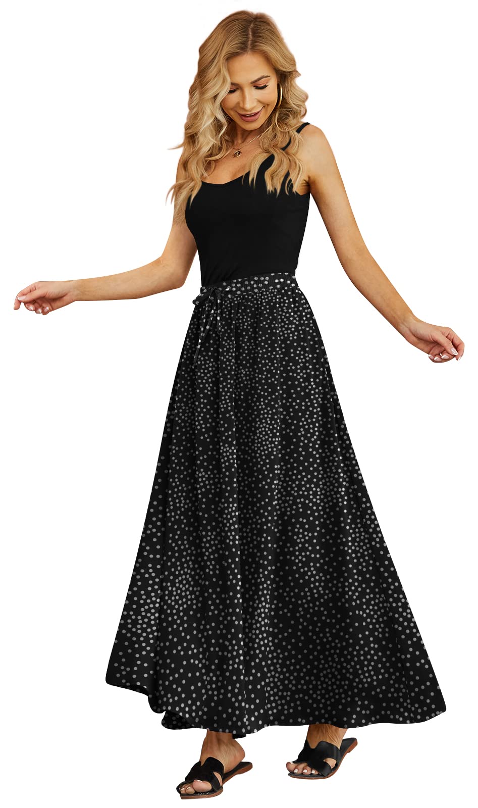 Yincro Women's Flowy Maxi Skirt Summer Pleated High Waisted Casual Long Skirts with Pockets (White Polka Dot Black, L)