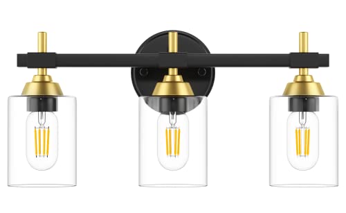 AXHODSME 3-Light Bathroom Light Fixtures, Black and Gold Bathroom Lights Over Mirror, Modern Bathroom Vanity Light with Clear Glass Shade, Wall Sconces for Bedroom Living Room, Bulbs Not Included