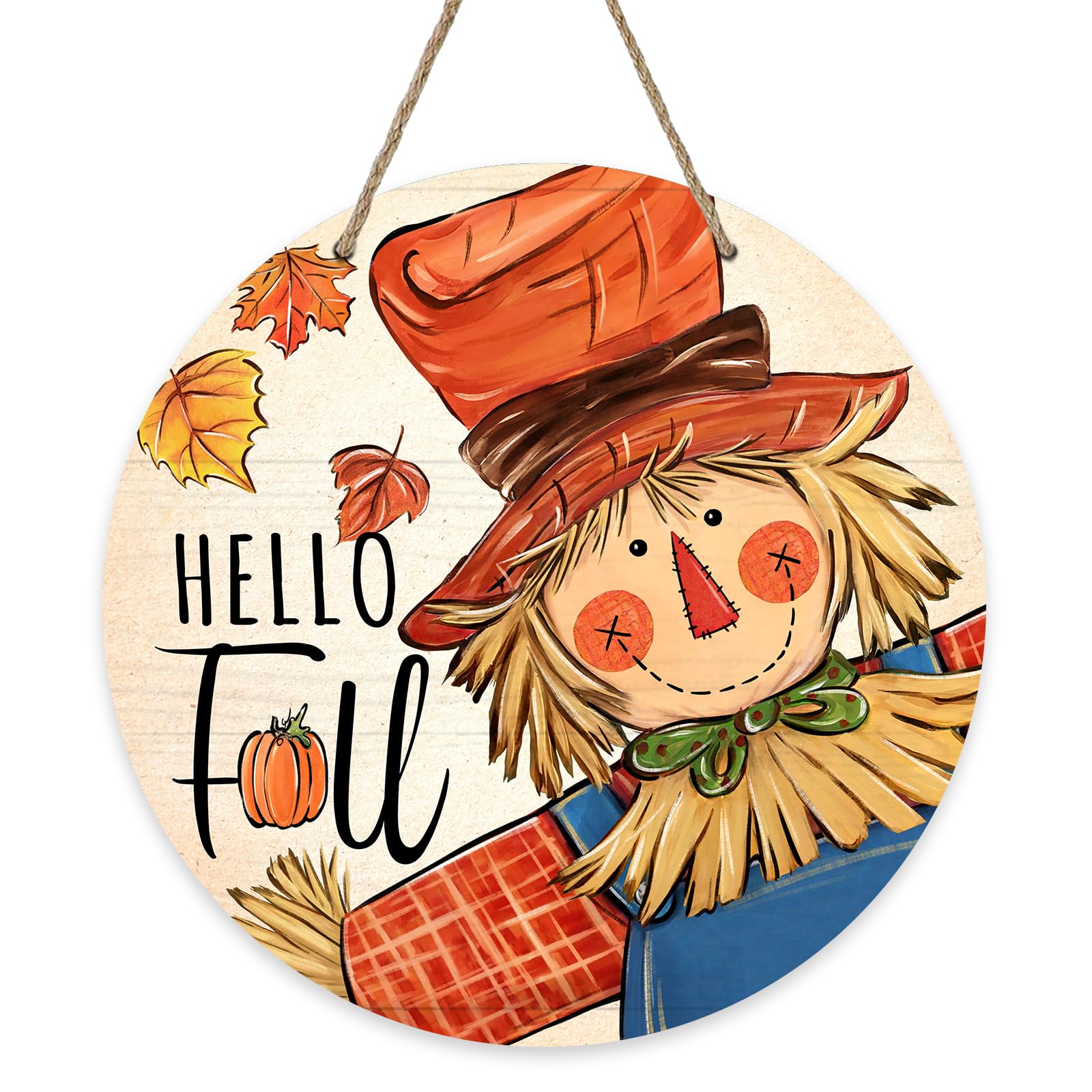 Deroro Hello Fall Scarecrow Sign for Front Door Decor, Autumn Harvest Maple Leaf Wood Door Hanger for Outdoor Outside Porch, Farmhouse Rustic Thanksgiving Wooden Wreath Indoor Wall Hanging Decoration