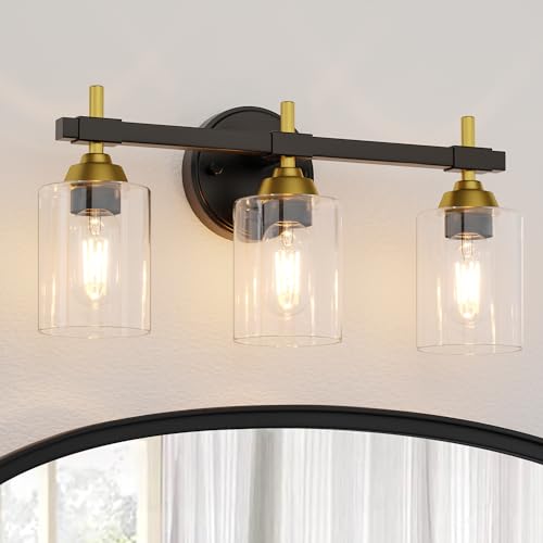 AXHODSME 3-Light Bathroom Light Fixtures, Black and Gold Bathroom Lights Over Mirror, Modern Bathroom Vanity Light with Clear Glass Shade, Wall Sconces for Bedroom Living Room, Bulbs Not Included