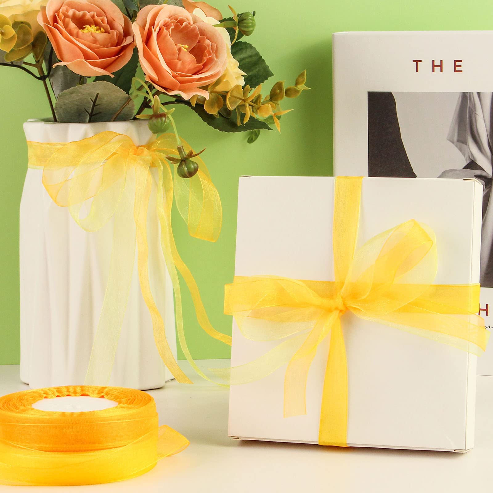 1 inch Yellow Organza Ribbon for Gift Wrapping,100 Yard Craft Sheer Chiffon Ribbon for Gift Wrapping,Bouquet Wrapping,Wedding Decoration,All Crafting and Sewing