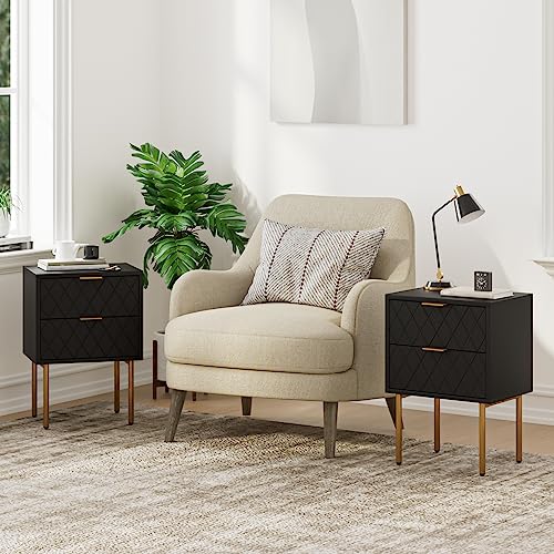 Aobafuir Night Stand, Modern Nightstand with Drawers, End Tables Living Room, Small Gold Side Table for Bedroom, Bedside Furniture (12-Black Diamond, 2 Drawer)