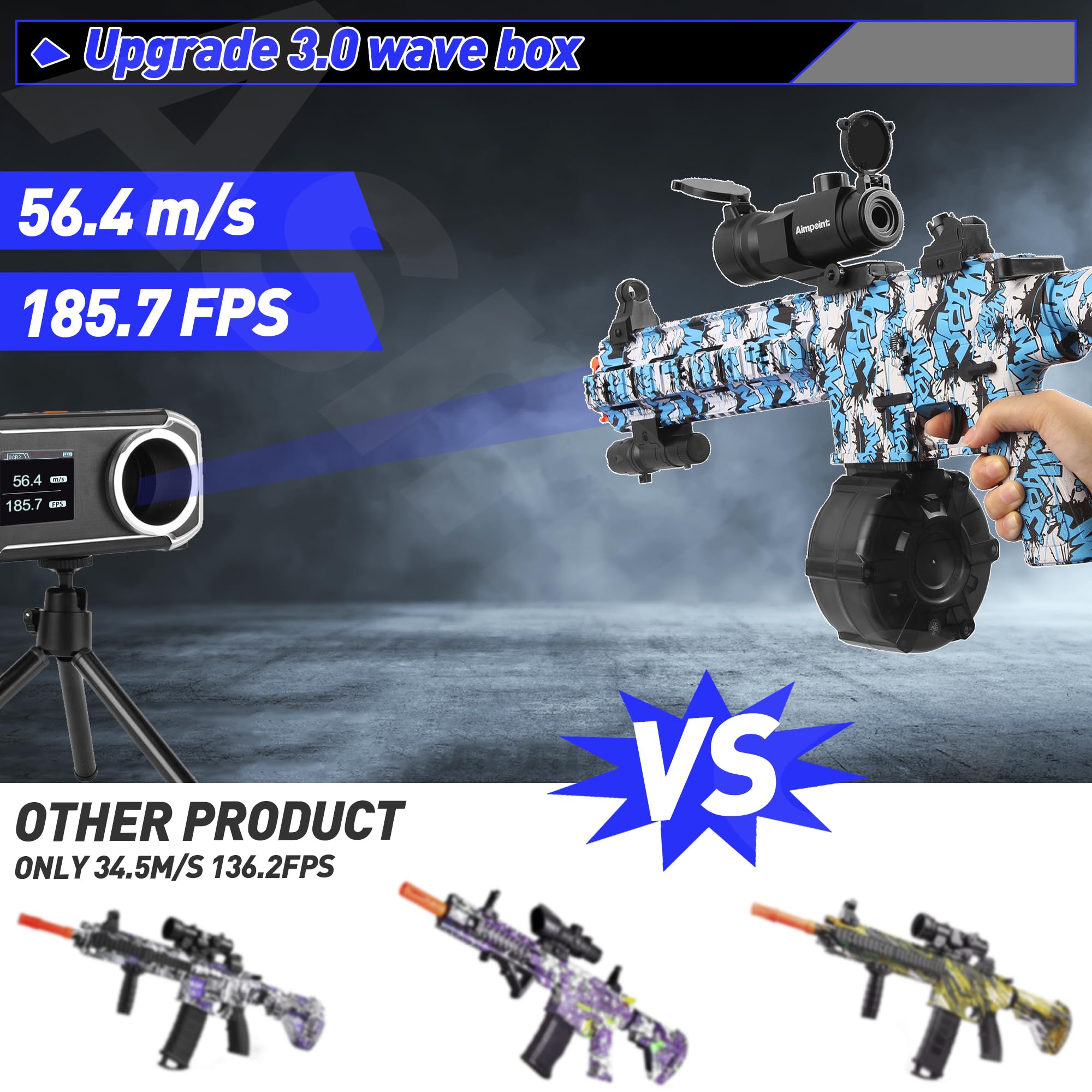 Large Electric Splatter Blaster with Drum, Automatic and Semi-Automatic Dual Mode Gel Ball Blaster, for Outdoor Activities -Team Game, Blue