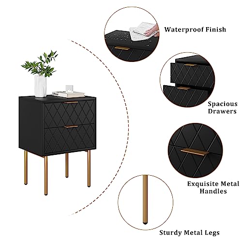 Aobafuir Night Stand, Modern Nightstand with Drawers, End Tables Living Room, Small Gold Side Table for Bedroom, Bedside Furniture (12-Black Diamond, 2 Drawer)