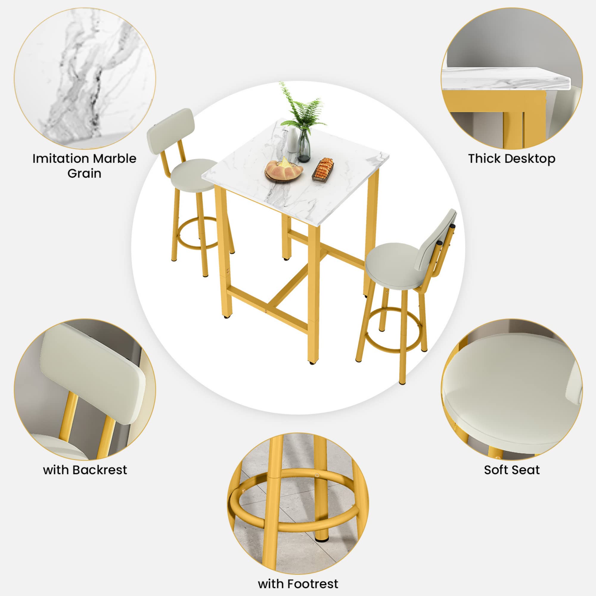 Lamerge 3 Pieces Bistro Dining Set for 2 Kitchen Square Breakfast Table Set Bar Table Space Saving Faux Marble Top and Upholstered Chairs Set for Apartment Dining Room with Gold Metal Frame