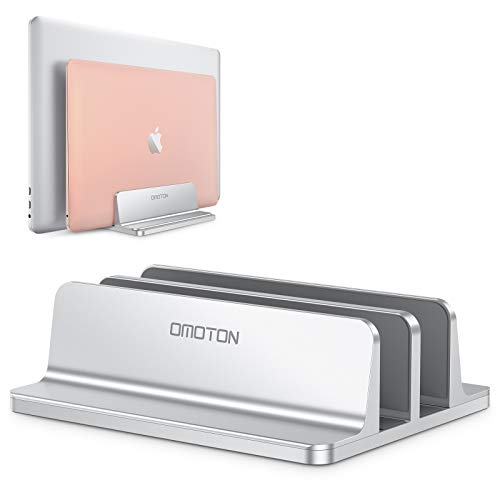 OMOTON Laptop Vertical Stand, Aluminum Dual Vertical Stand Holder with Two Adjustable Slots, Compatible with Samsung/Microsoft Surface/HP/Dell/Chrome Book, Up to 17.3 Inches (Silver)