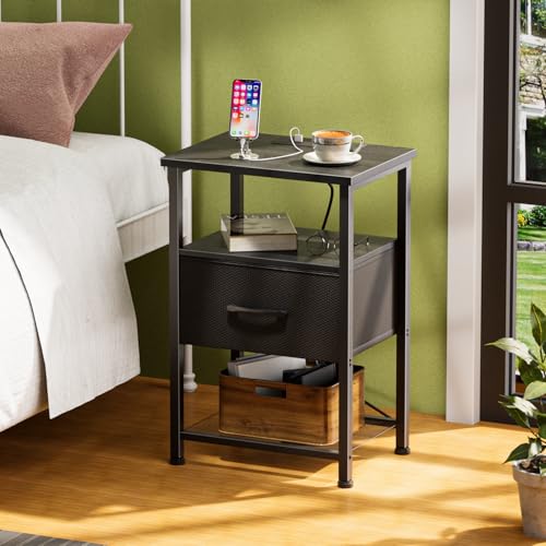 LAKEMID Nightstands Set of 2 with Charging Station and Drawer, End Table Bedside Table with 20 Colors LED Light Strip and 2 Layers Shelf for Bedroom Living Room Sofa Couch (Black)