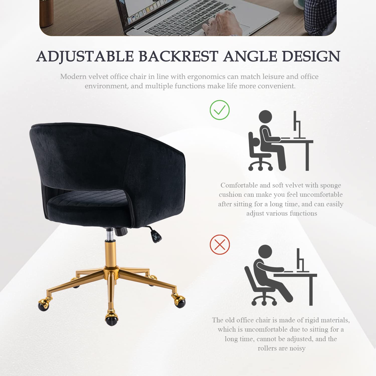 Velvet Office Desk Chair, Modern Adjustable Home Desk Chair with Wheels, Swivel Vanity Chair for Bedroom, Office, Vanity Study (Black)