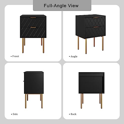 Aobafuir Night Stand, Modern Nightstand with Drawers, End Tables Living Room, Small Gold Side Table for Bedroom, Bedside Furniture (12-Black Diamond, 2 Drawer)