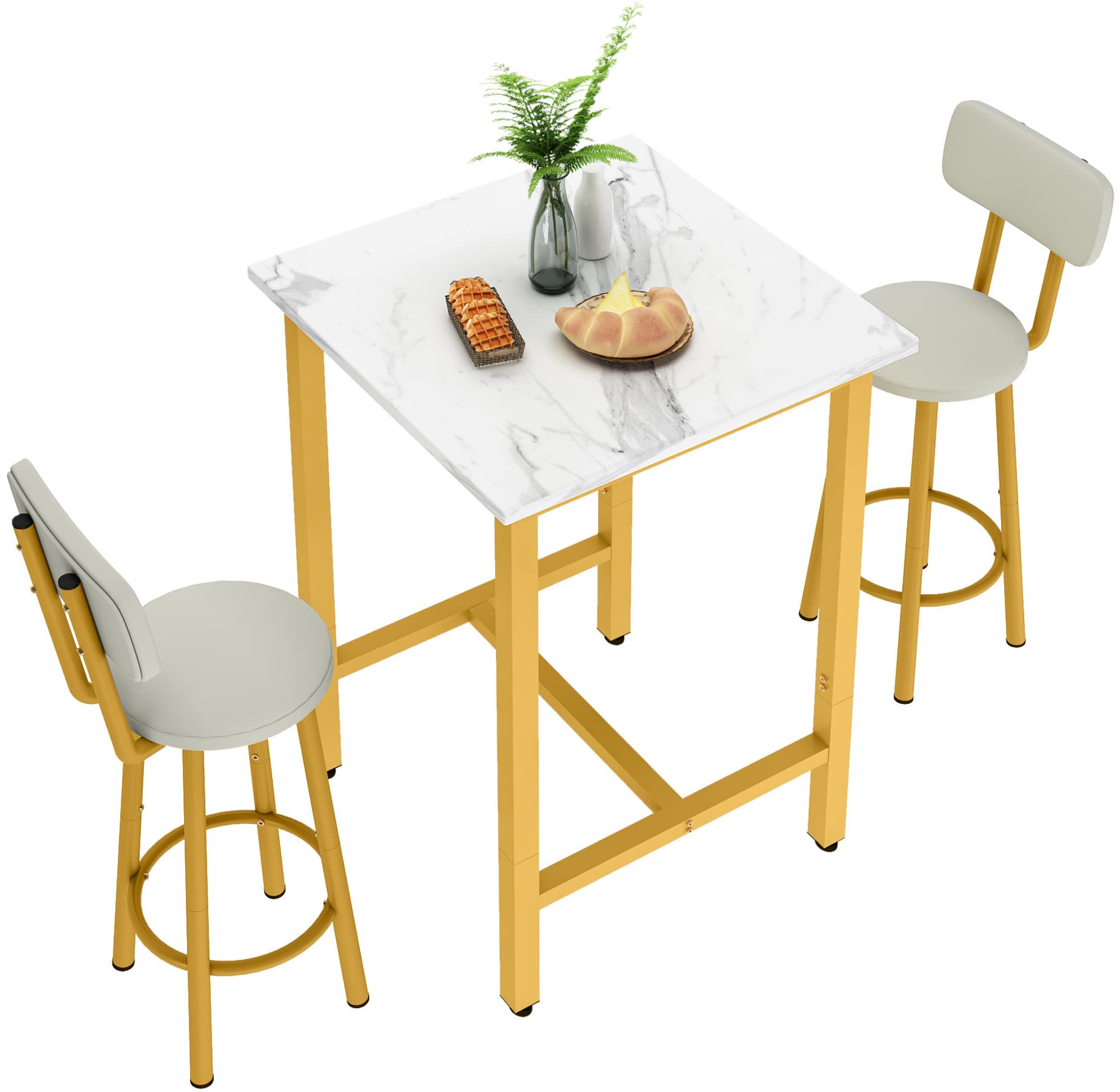 Lamerge 3 Pieces Bistro Dining Set for 2 Kitchen Square Breakfast Table Set Bar Table Space Saving Faux Marble Top and Upholstered Chairs Set for Apartment Dining Room with Gold Metal Frame