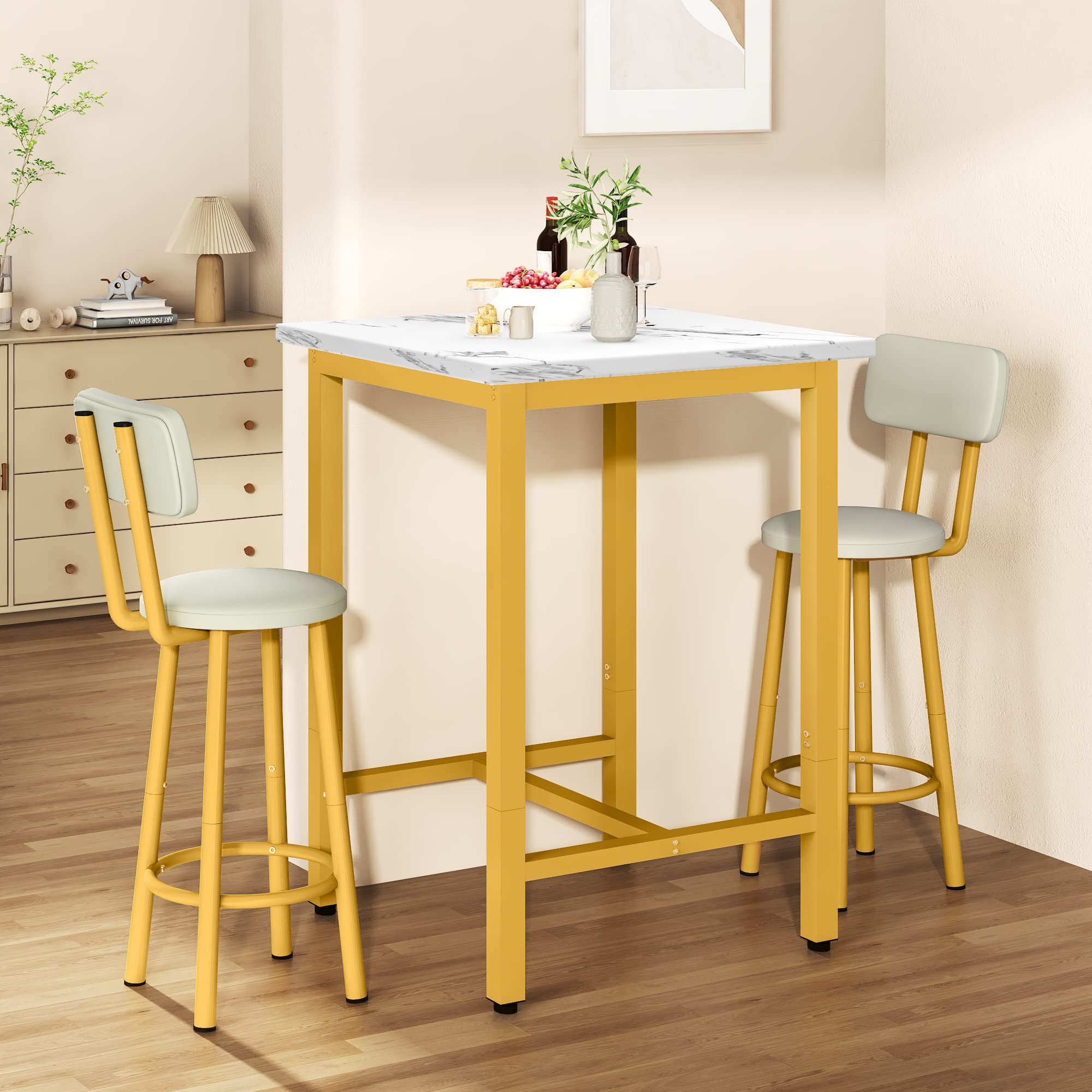 Lamerge 3 Pieces Bistro Dining Set for 2 Kitchen Square Breakfast Table Set Bar Table Space Saving Faux Marble Top and Upholstered Chairs Set for Apartment Dining Room with Gold Metal Frame