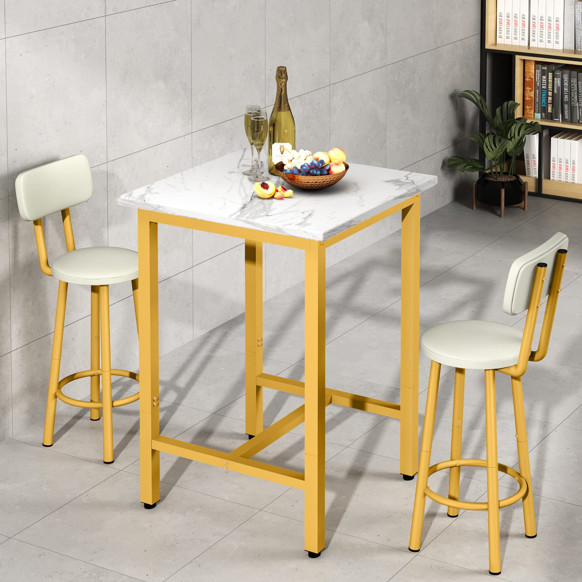 Lamerge 3 Pieces Bistro Dining Set for 2 Kitchen Square Breakfast Table Set Bar Table Space Saving Faux Marble Top and Upholstered Chairs Set for Apartment Dining Room with Gold Metal Frame