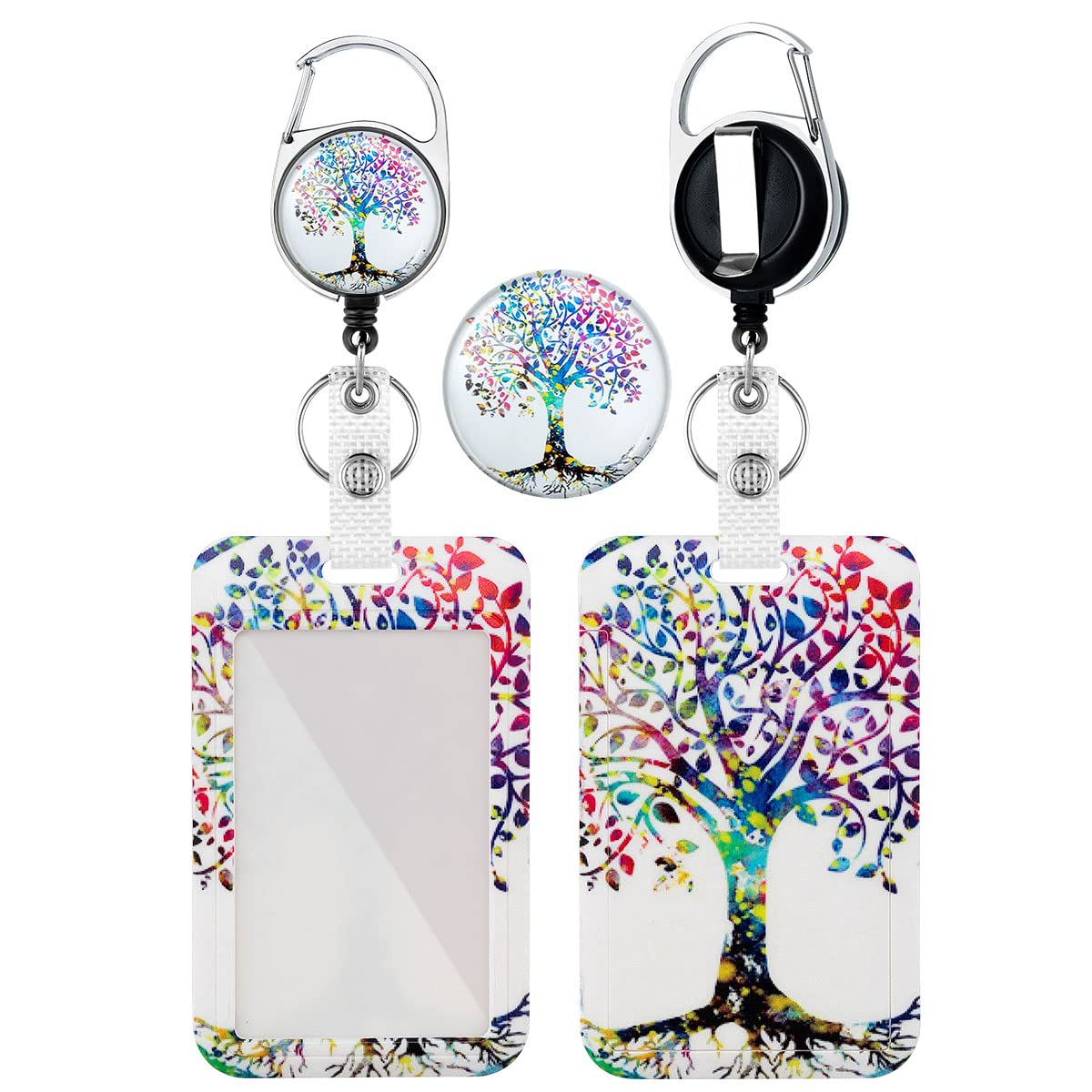WoEluone Heavy-Duty Badge Holder Retractable Badge Reel with Belt Clip & Key Ring - Vertical ID Work Badge with Nature Tree of Life Design - Perfect for Office Workers, Nurses, Teachers, and Students