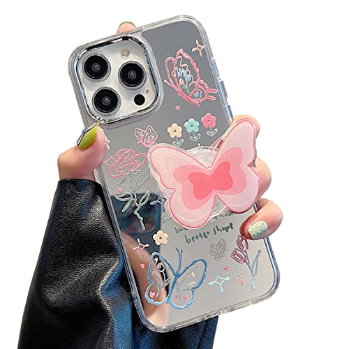 Espumoso Case for Mirror with Hand Stand Holder Flexible Cute Case Soft Print Silicone Clear Makeup Mirror Women Girls Shockproof Protect Cover (Butterfly)