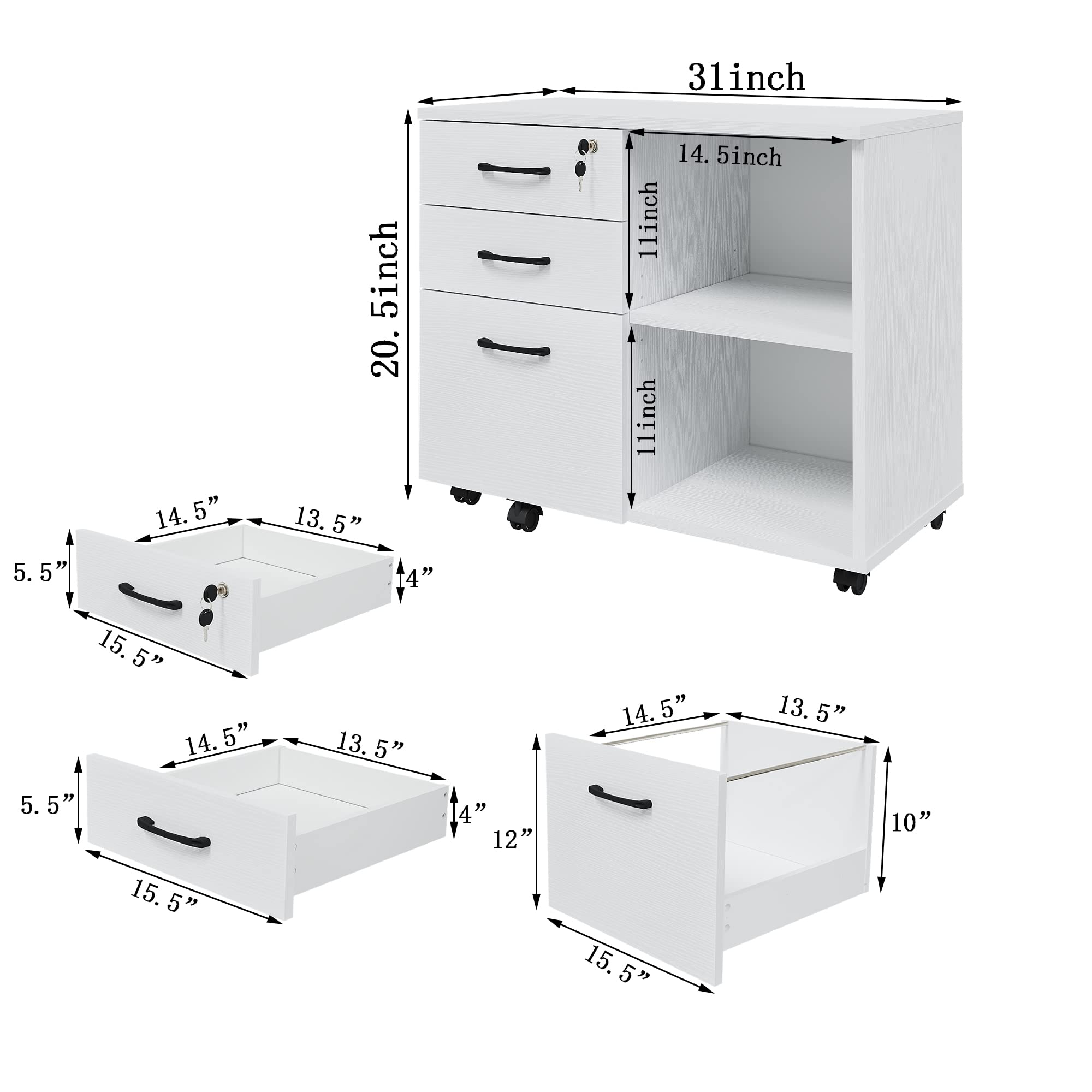 Gyger 3 Drawer File Cabinet for Home Office, Lateral Filing Cabinet with Open Storage Shelf, Mobile Lateral Printer Stand with Wheels and Storage,Wood File Cabinet with Lock(White)