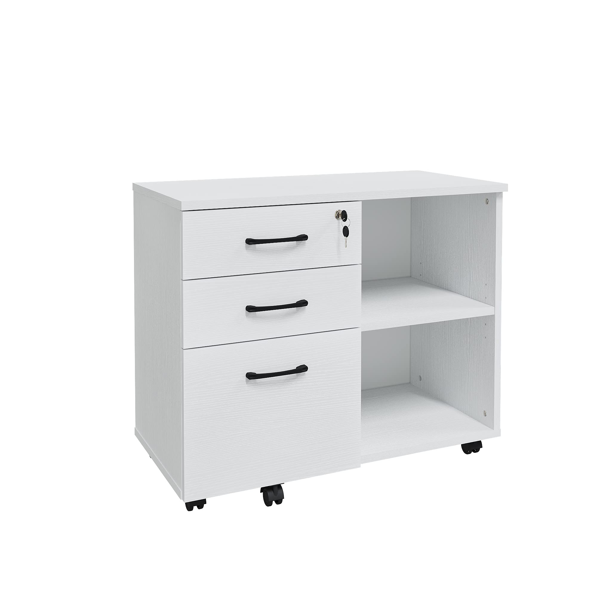 Gyger 3 Drawer File Cabinet for Home Office, Lateral Filing Cabinet with Open Storage Shelf, Mobile Lateral Printer Stand with Wheels and Storage,Wood File Cabinet with Lock(White)