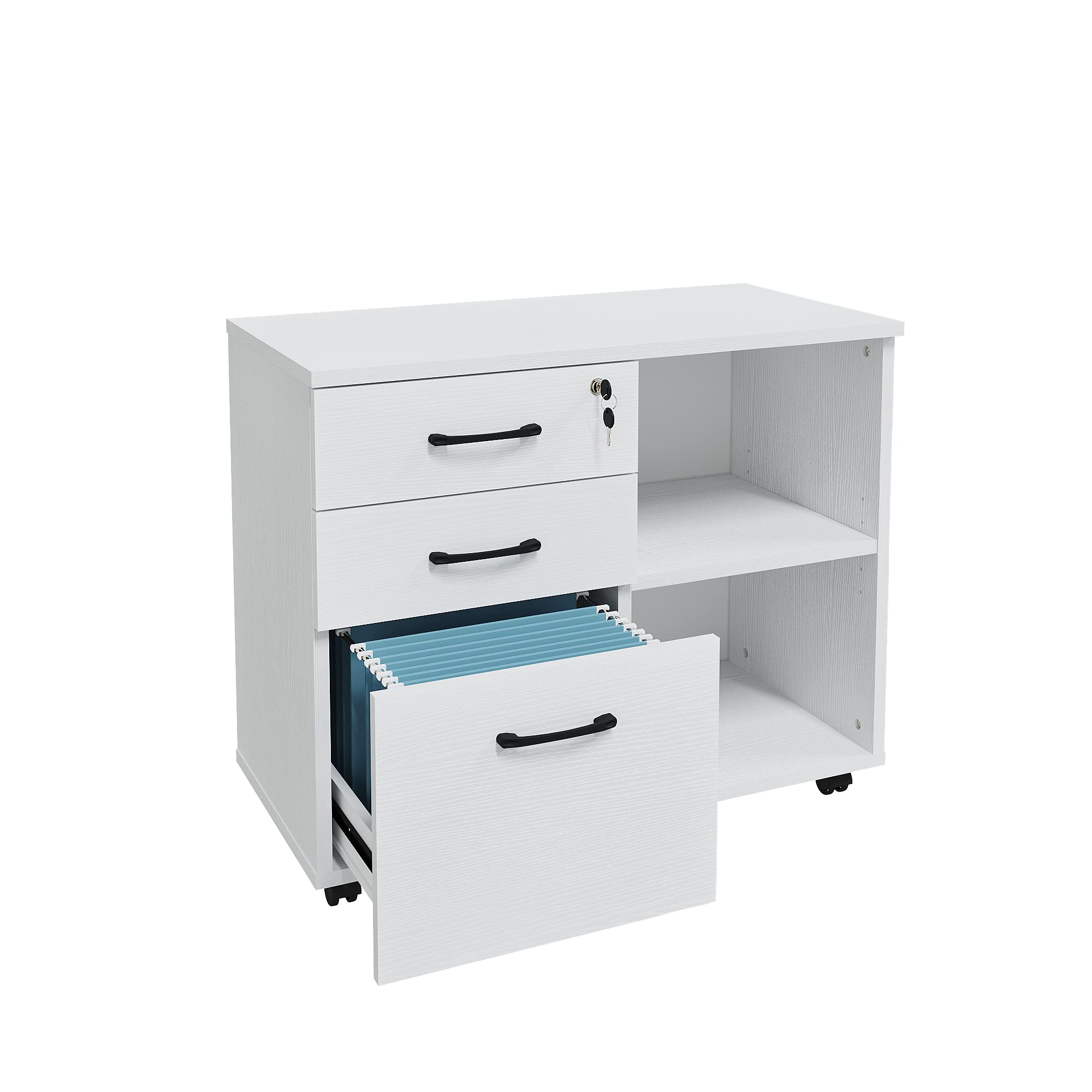 Gyger 3 Drawer File Cabinet for Home Office, Lateral Filing Cabinet with Open Storage Shelf, Mobile Lateral Printer Stand with Wheels and Storage,Wood File Cabinet with Lock(White)