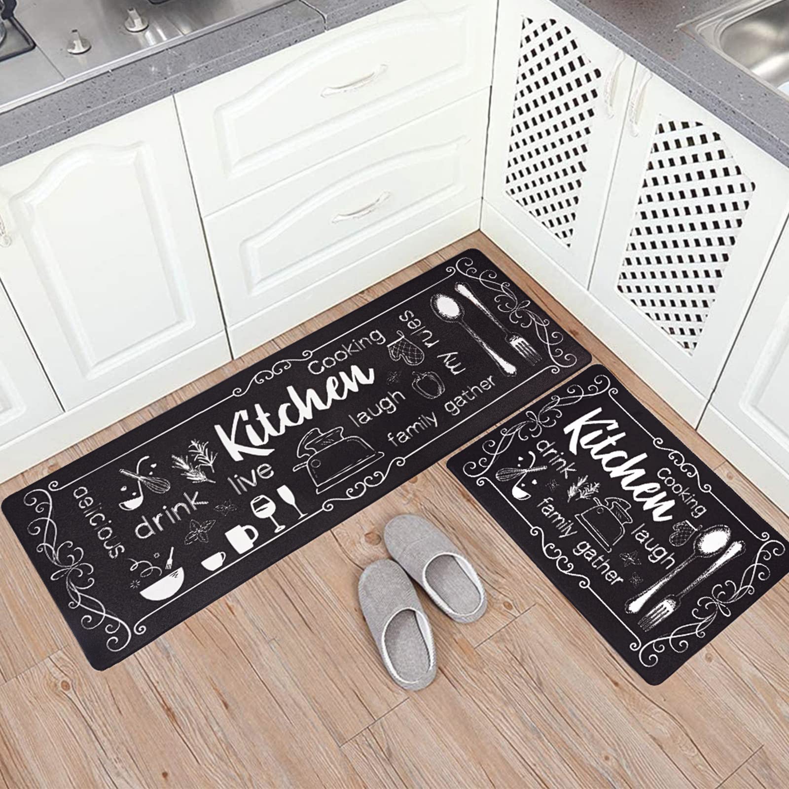 FRAMICS Kitchen Rugs and Mats Cushioned Anti-Fatigue Kitchen Rug, Waterproof Non-Slip Kitchen Mats and Rugs, Dark Brown Memory Foam Kitchen Floor Mat for Home Office Laundry, 17 x 47 + 17 x 30 Inch