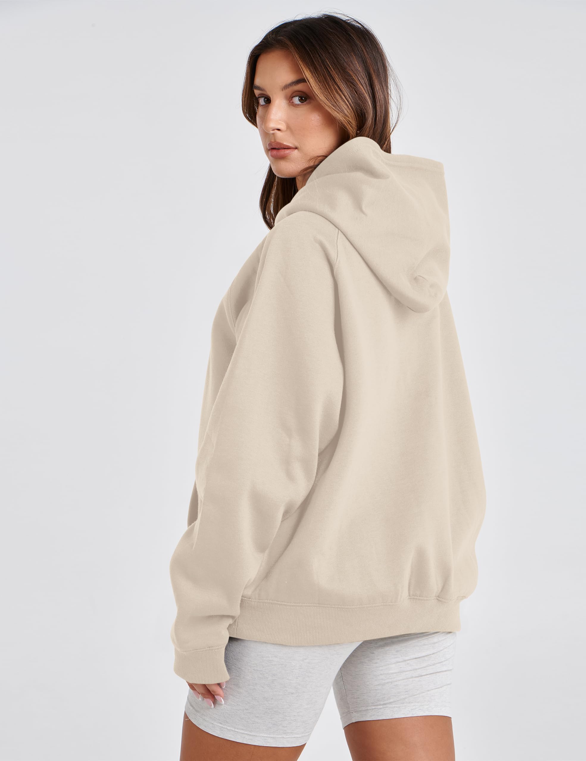SAFRISIOR Oversized Hoodies for Women and Men Couples Fleece Basic Solid Hooded Sweatshirt Pullover Jackets Beige