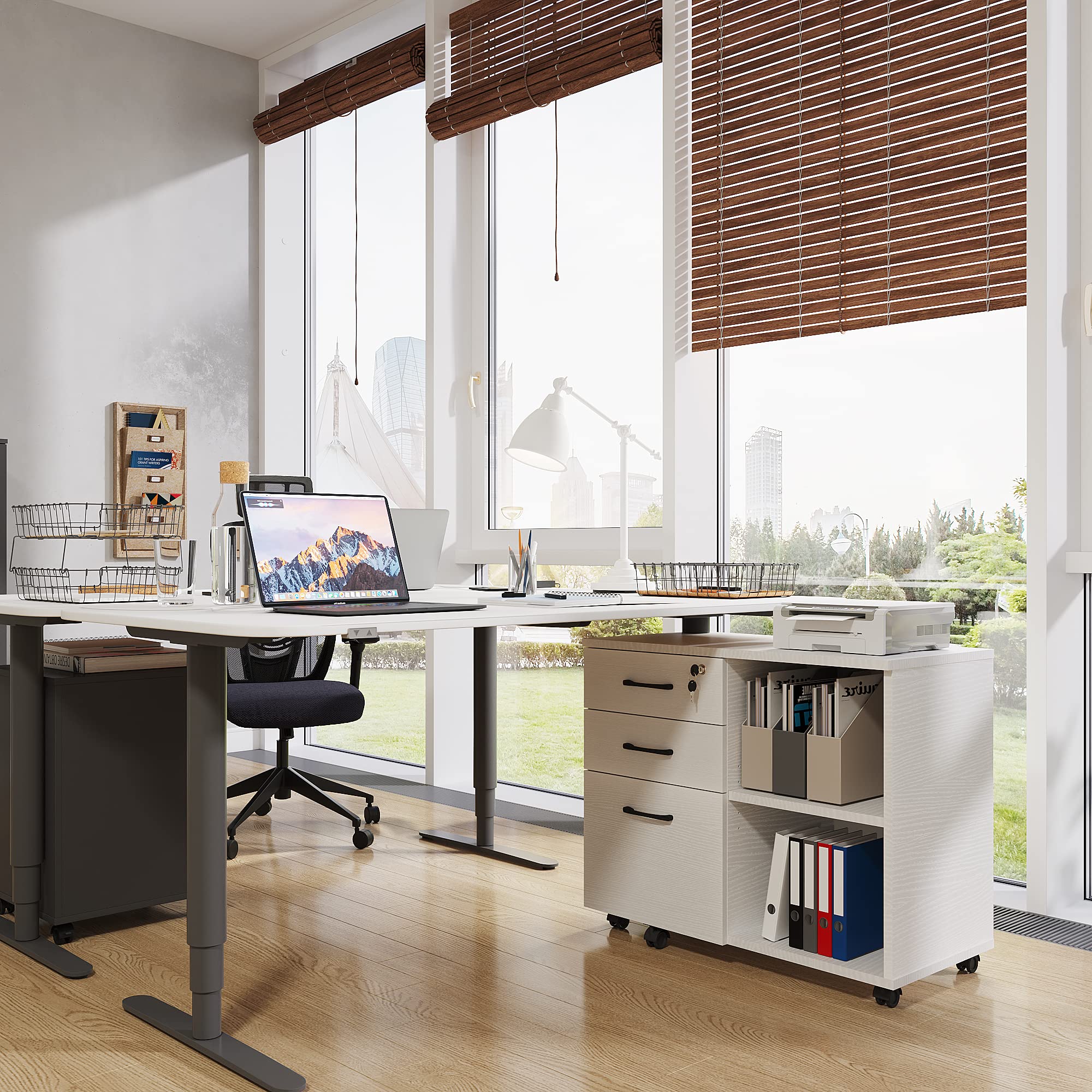 Gyger 3 Drawer File Cabinet for Home Office, Lateral Filing Cabinet with Open Storage Shelf, Mobile Lateral Printer Stand with Wheels and Storage,Wood File Cabinet with Lock(White)
