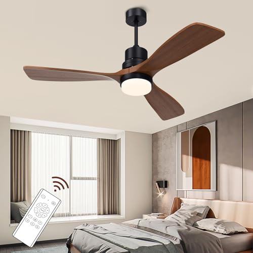 ghicc Ceiling Fans with Lights and Remote Modern Ceiling Fans with 3 Walnut Wood Blades, Indoor/Outdoor Ceiling Fans for Patios Farmhouse Bedroom,42", Matte Black
