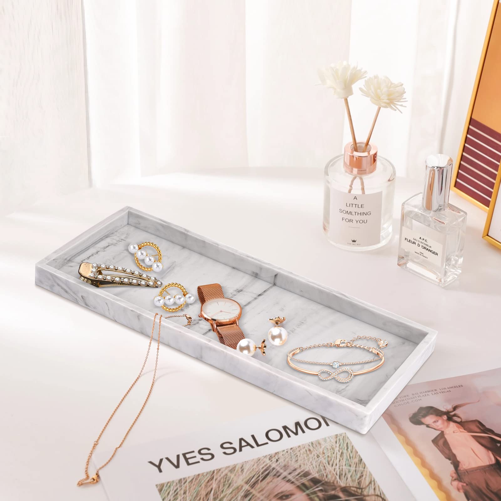 Sancagy 11.8IN Rectangular Vanity Tray, Silicone Bathroom Tray for Counter, Toilet Tank & Kitchen Sink - Small Trays, Soap & Perfume & Jewelry & Candle & Key Vanity Tray