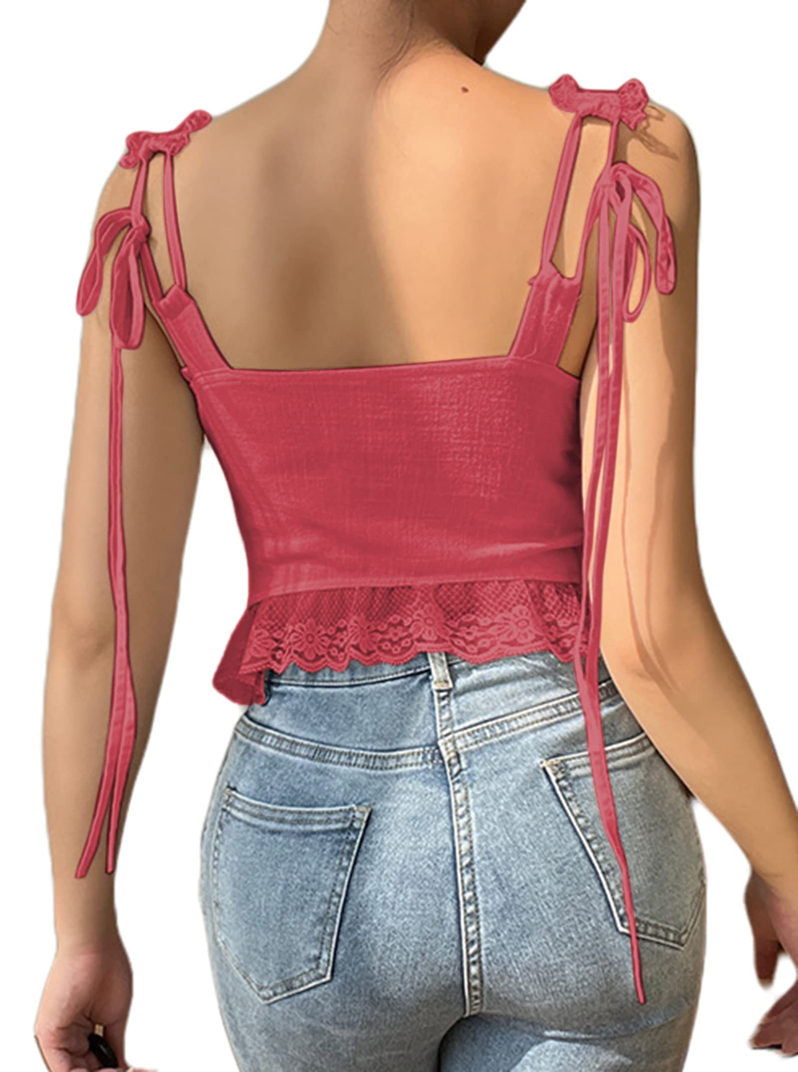 Remidoo Women's Sexy Tie Front Top Lace Trim Tank Open Front Crop Top Going Out Sleeveless Shirt Hot Pink X-Large