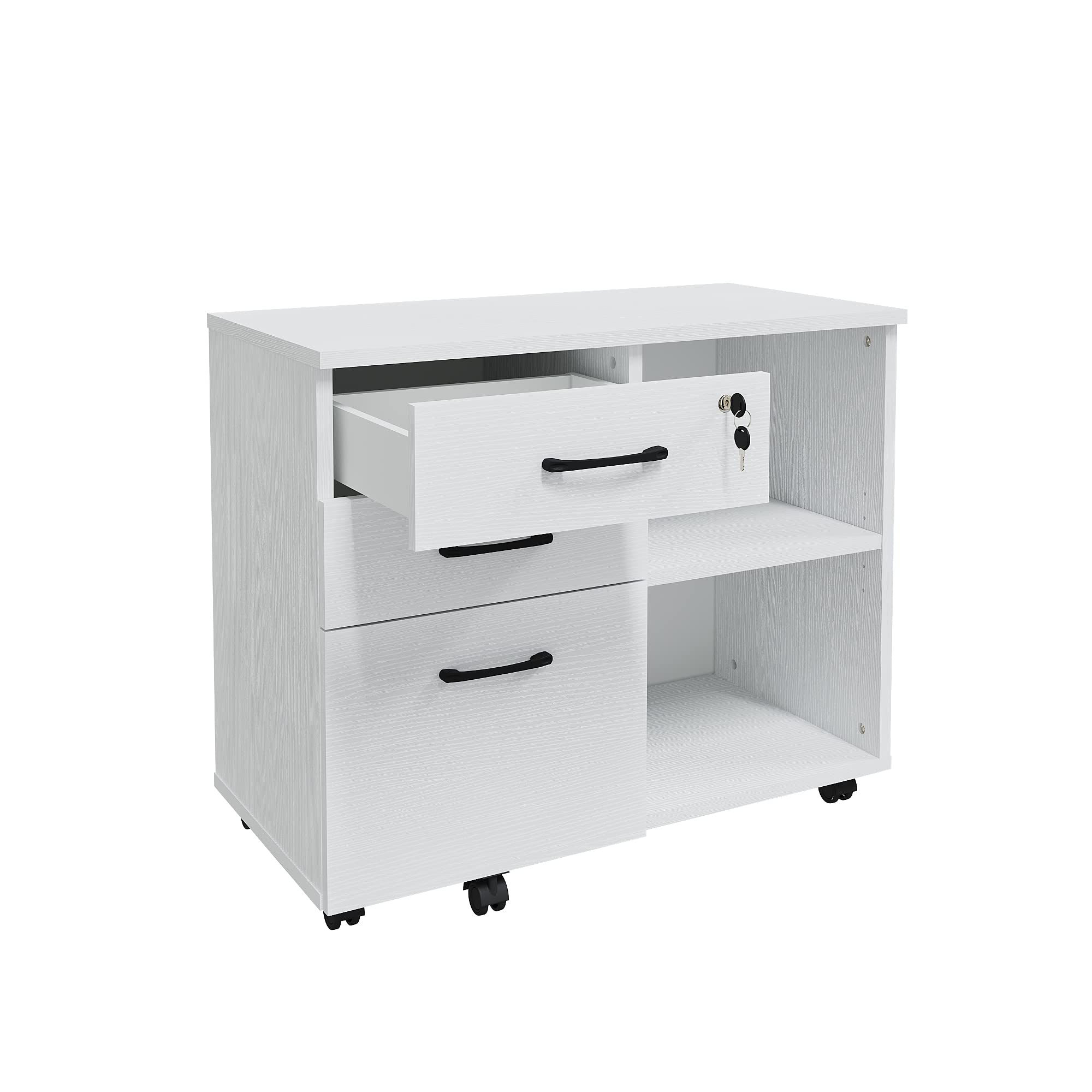 Gyger 3 Drawer File Cabinet for Home Office, Lateral Filing Cabinet with Open Storage Shelf, Mobile Lateral Printer Stand with Wheels and Storage,Wood File Cabinet with Lock(White)